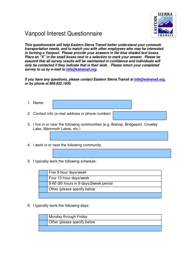 Web Van Pool Questionnaire | PDF | Commuting | Workweek And Weekend