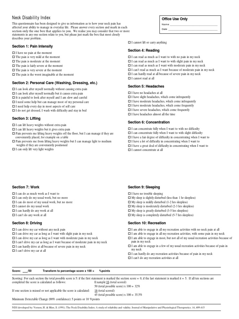 Neck Disability Index: Office Use Only | PDF | Pain | Headache