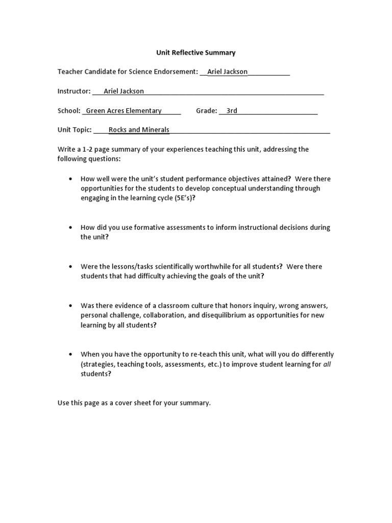 Reflective Summary on Rocks Unit Teaching | PDF | Educational ...