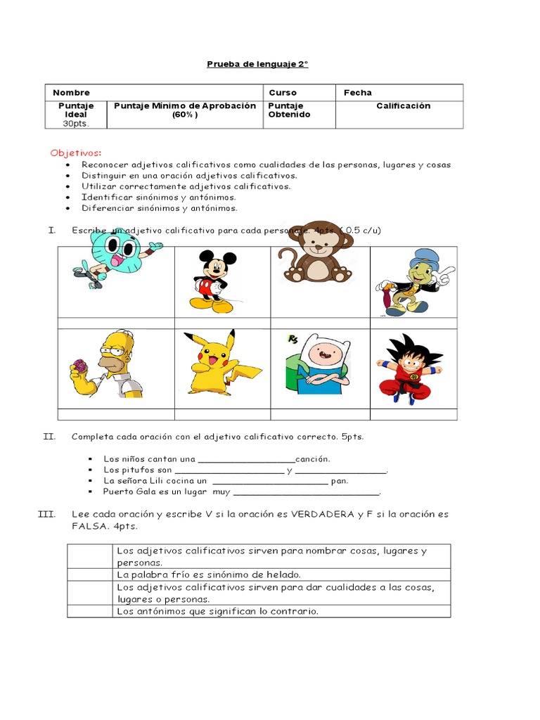 Prueba de Lenguaje 2° - Sinonimos Antonimos y Adjetivosdoc | PDF ...