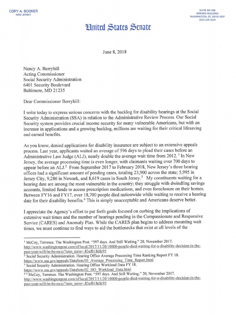 6.8.18 Social Security Disability Backlog Letter | PDF | Social ...