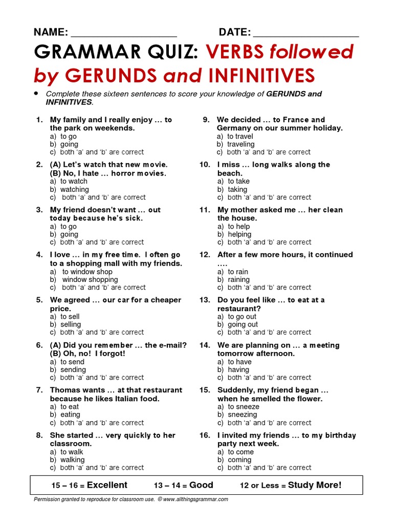 Grammar Quiz Verbs Followed by Gerunds and Infinitives | PDF | Rules ...