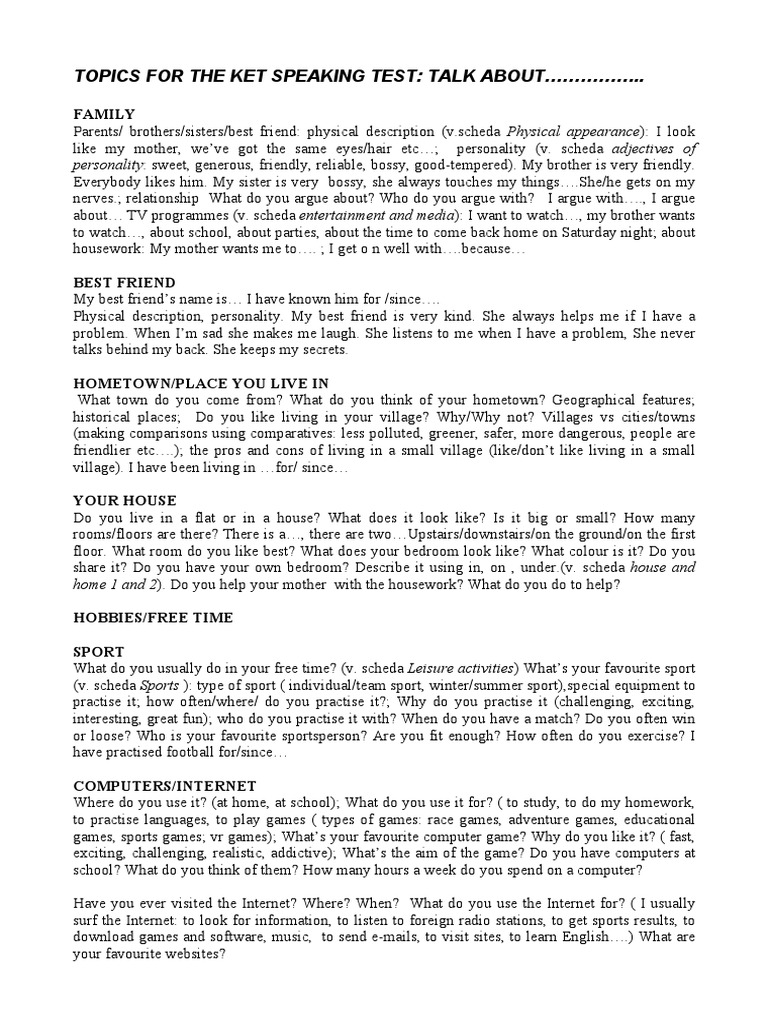 KET Speaking Test Topic Guide | PDF