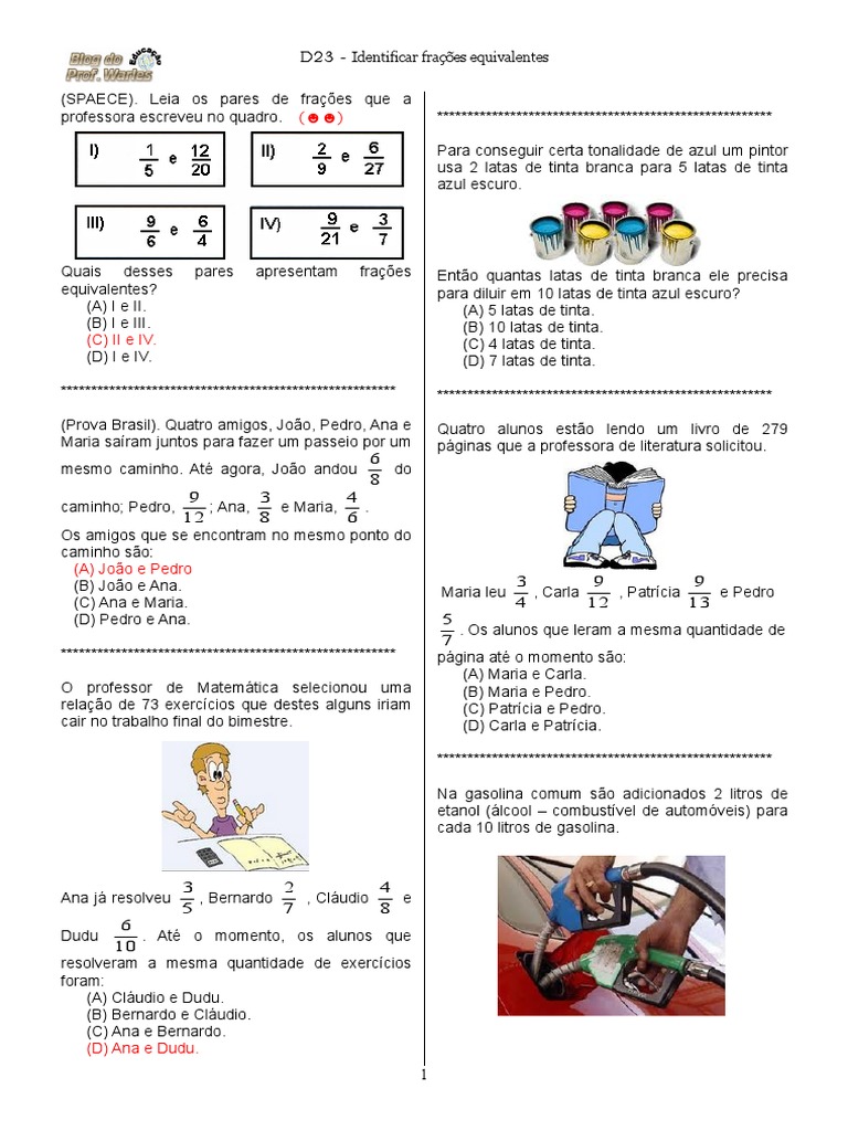 D23Identificar Frações Equivalentes | PDF | Fração (Matemática) | Dinheiro