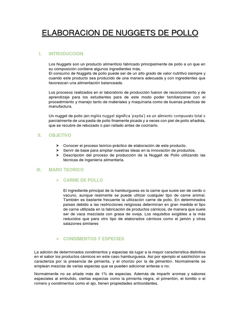 Proceso de Elaboración de Nuggets de Pollo | PDF | Hamburguesas | Carne