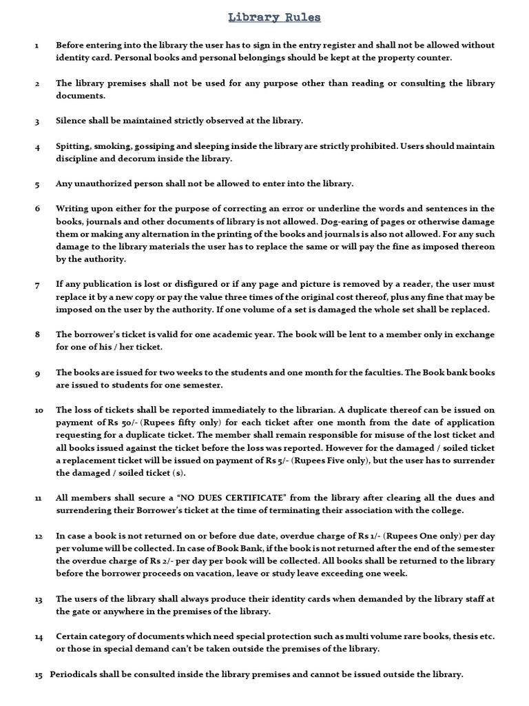 Library Rules | PDF | Libraries | Books