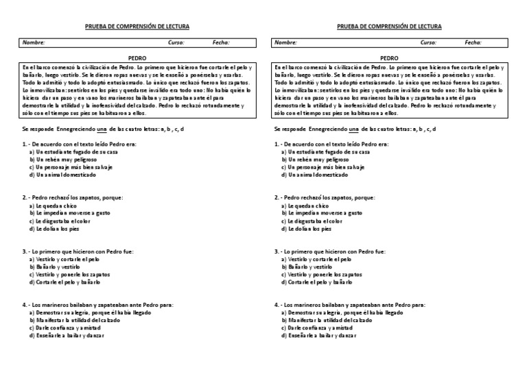 Comprensión de Lectura: Pedro | PDF | Ocio