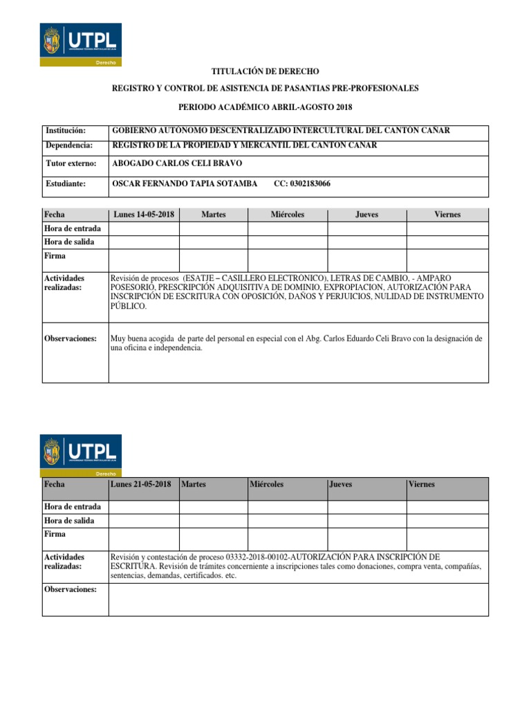 Registro de Asistencias Con Sello Utpl Imprimir. | PDF