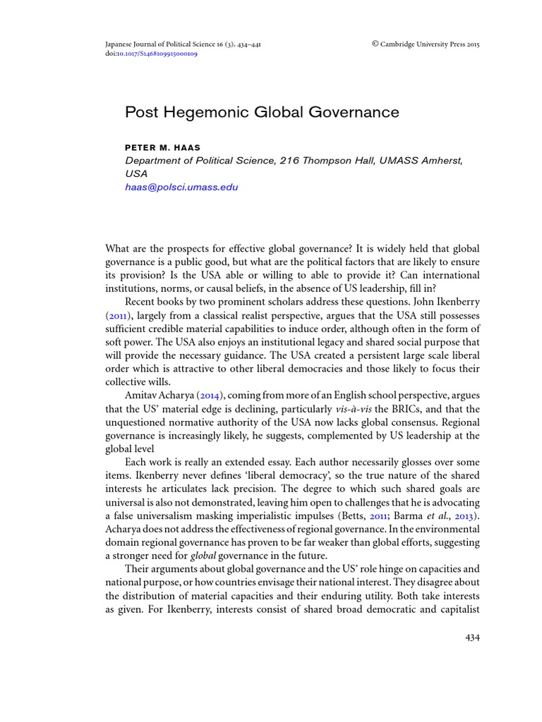 Post Hegemonic Global Governance: Department of Political Science, 216 ...