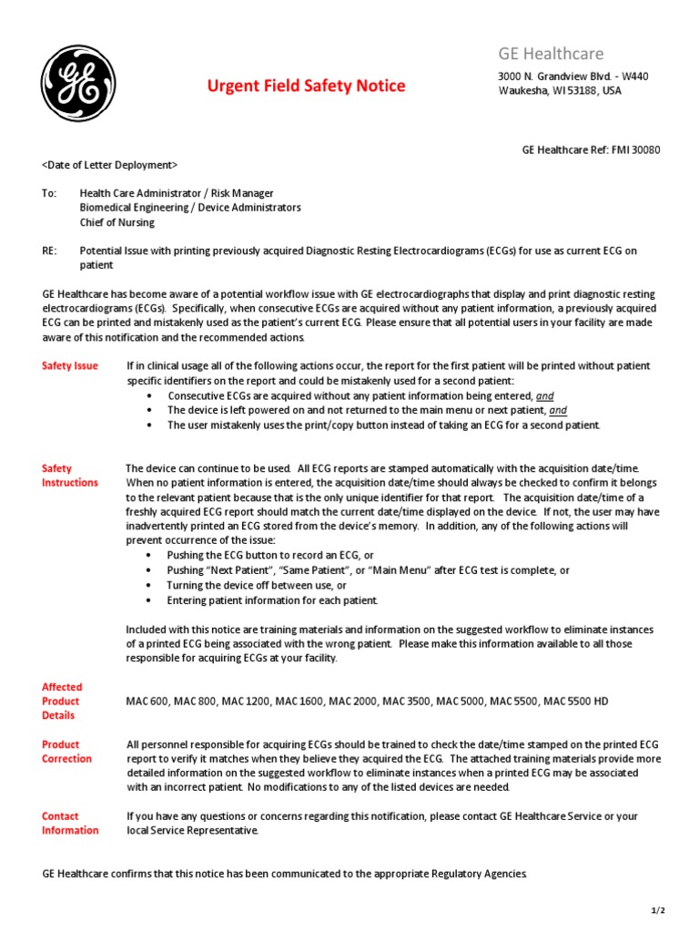 Urgent Field Safety Notice Diognostic Resting Electrocardiograms | PDF ...