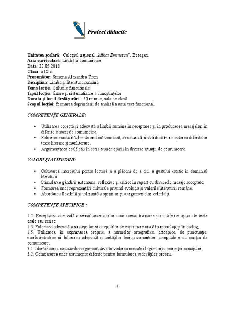 Stiluri Functionale Proiect Dactic | PDF