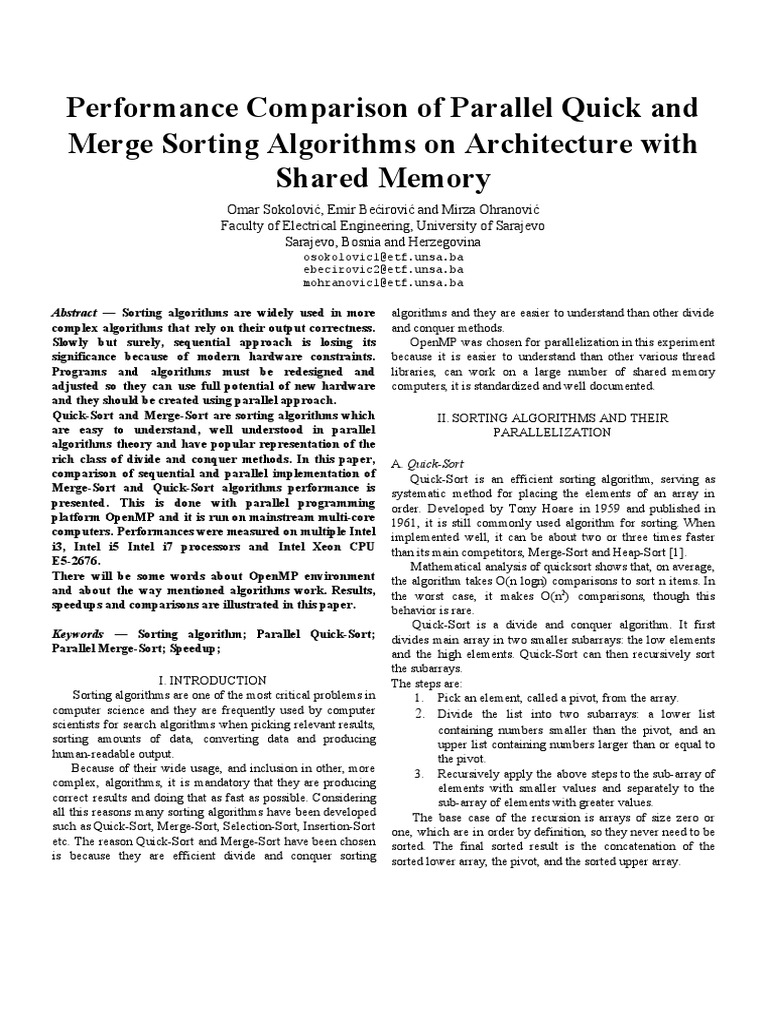 Comparison of Parallel Quick and Merge Sort Algorithms On Architecture ...