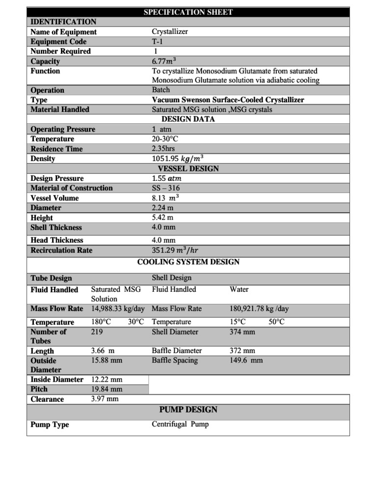 Crystallizer Specification for MSG Production | PDF | Crystallization ...