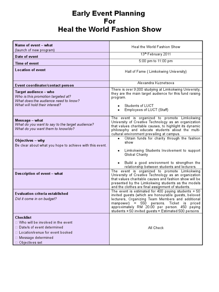 Early Event Planning Template | PDF | Charitable Organization | Fashion