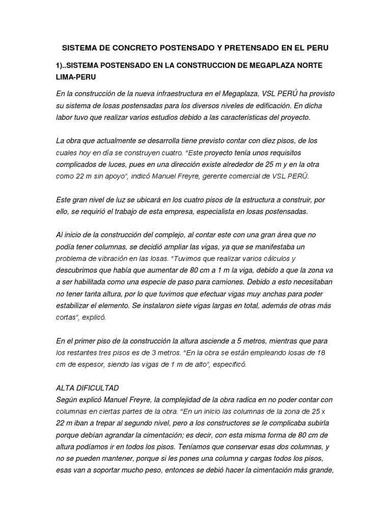 Sistema De Concreto Postensado Y Pretensado En El Peru Pdf Torre