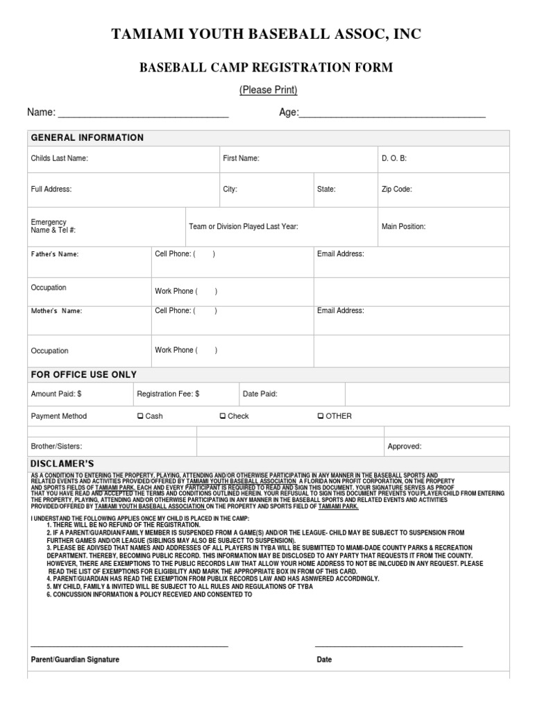Tamiami Youth Baseball Assoc, Inc: Baseball Camp Registration Form ...