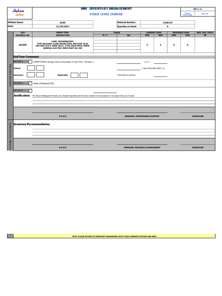 Proposed Changes to Inventory Levels of Critical Lamp Parts | PDF ...