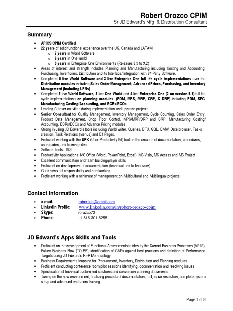 Resume Robert Orozco SR JD Edwards Consultant | PDF | Inventory ...