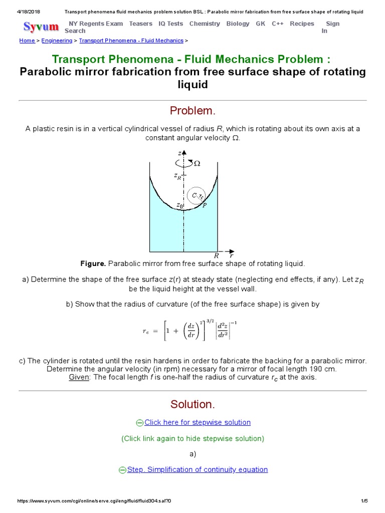 Transport Phenomena Fluid Mechanics Problem Solution BSL - Parabolic ...