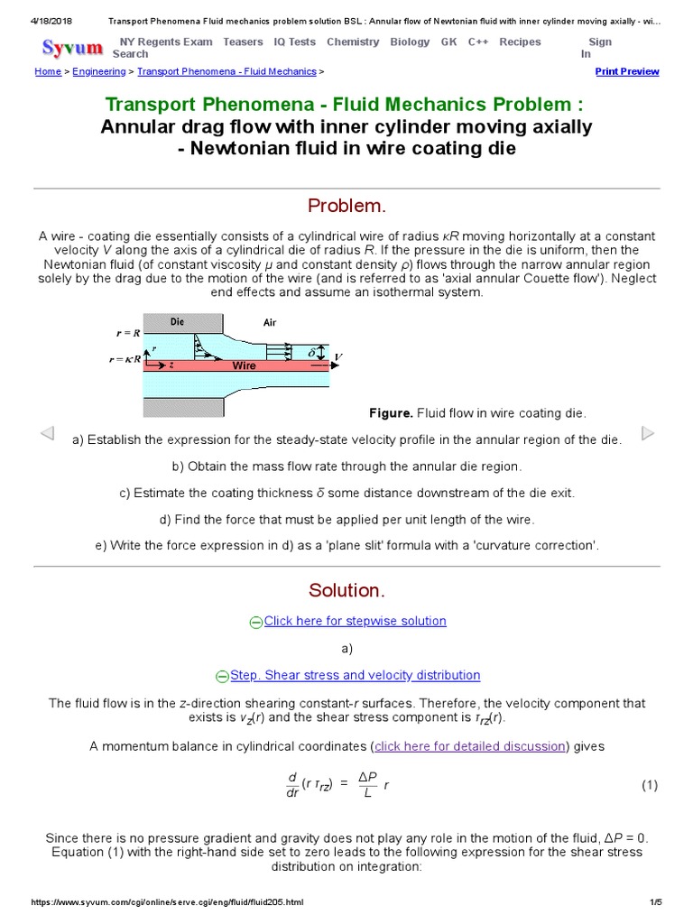 Transport Phenomena Fluid Mechanics Problem Solution BSL - Annular Flow ...