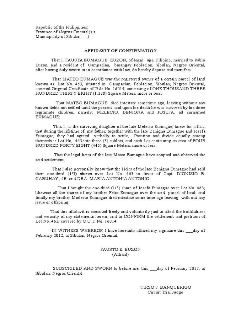 Affidavit of Confirmations (Agreement of Partition) - Aranas | PDF ...