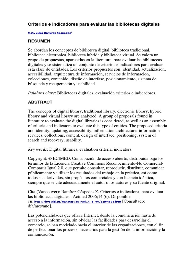 Criterios e Indicadores para Evaluar Las Bibliotecas Digitales | PDF | Libreria digital ...