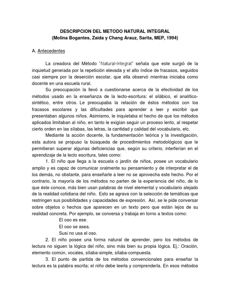 Descripcion Del Metodo Natural Integral | PDF | Lectura (proceso) | Palabra