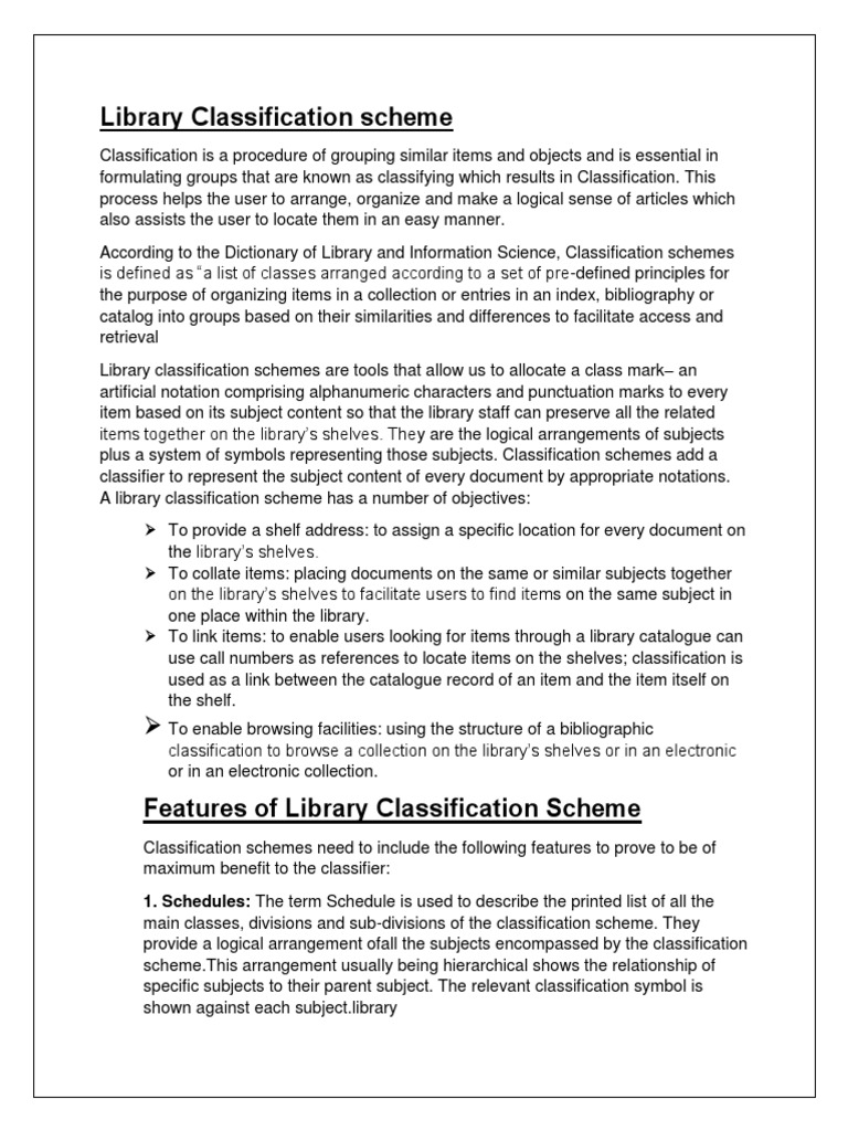 Library Classification Scheme: 1. Schedules: The Term Schedule Is Used ...