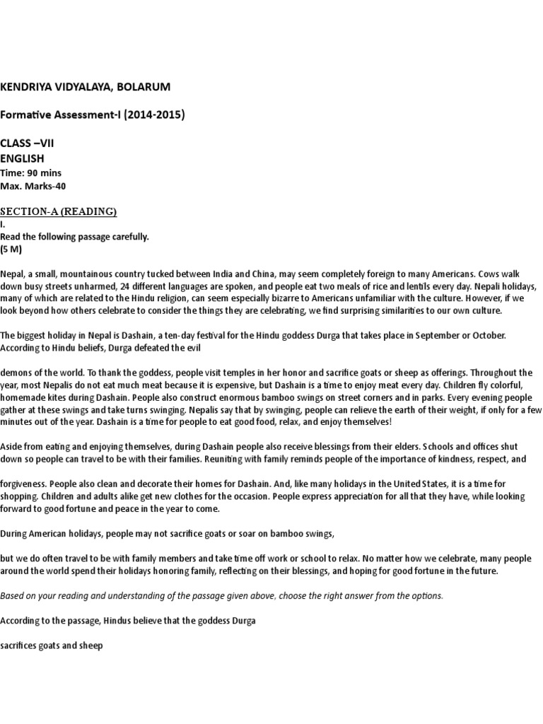 Cbse Sample Paper For Class 7 English FA 2 With Solution | PDF ...