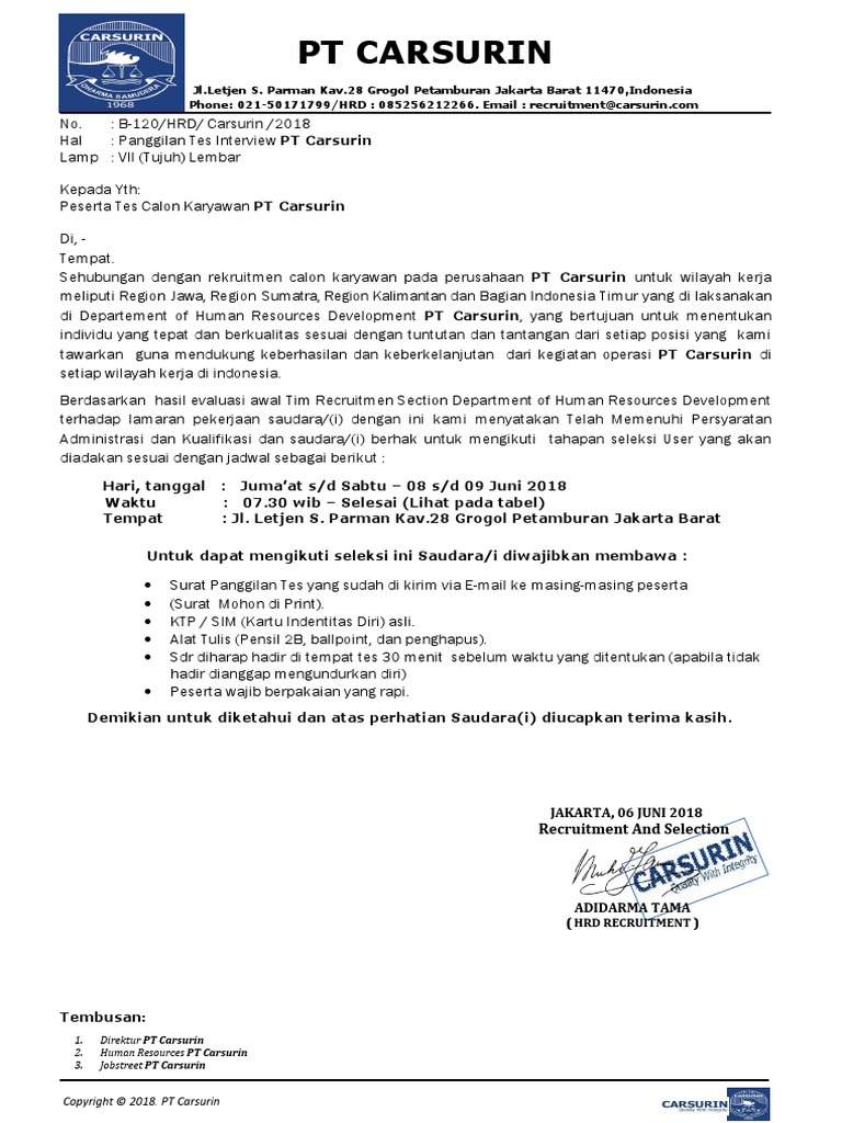 Surat Undangan Interview Penerimaan Karyawan PT Carsurin Jakarta Tahun ...