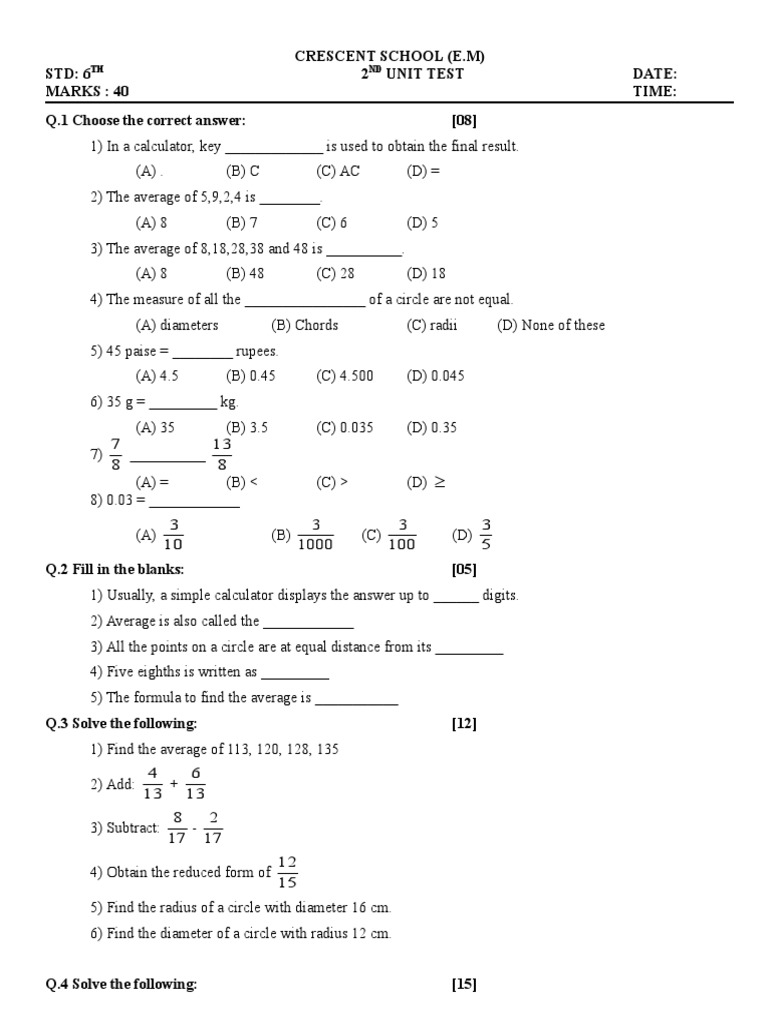6th Grade Math Unit Test | PDF | Elementary Geometry | Elementary ...