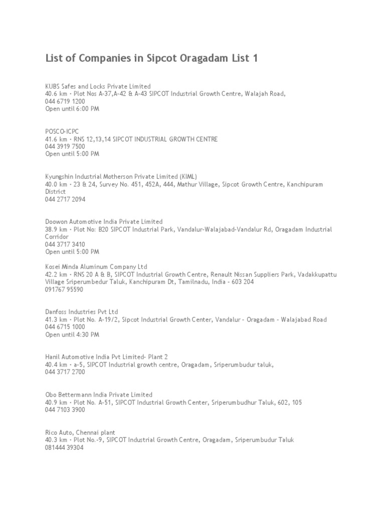 List of Companies in Sipcot Oragadam | PDF