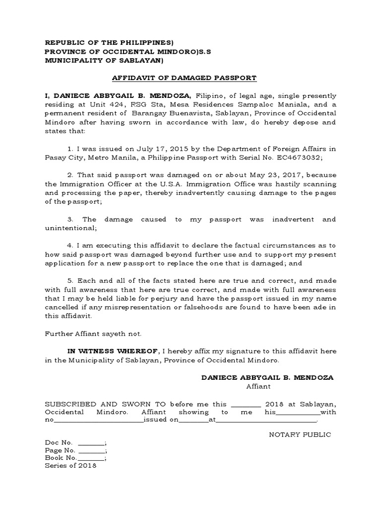 Affidavit of Damaged Passport | PDF