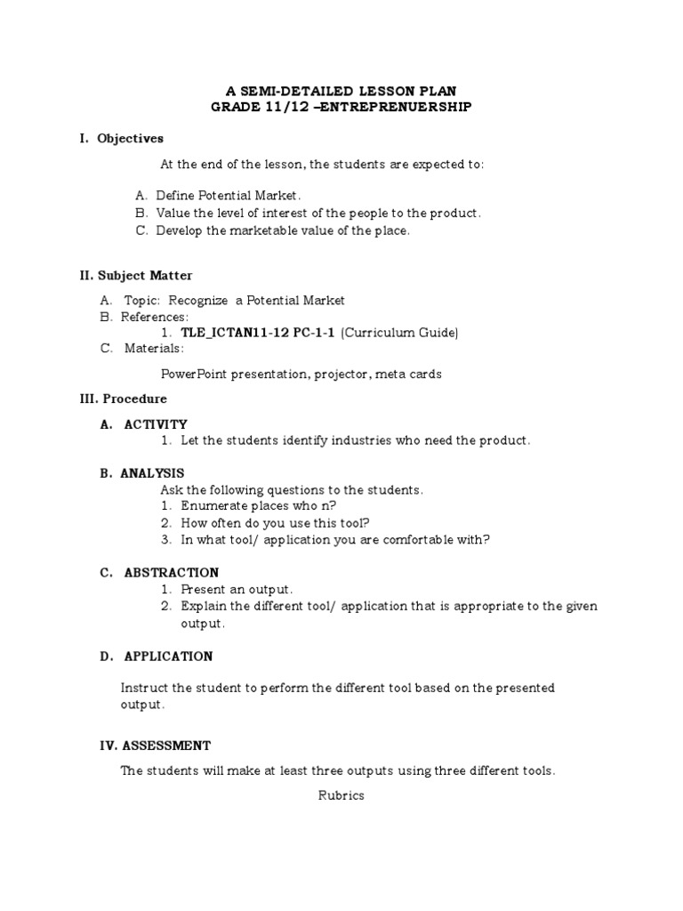 A Semi-Detailed Lesson Plan Grade 11/12 - Entreprenuership: I ...