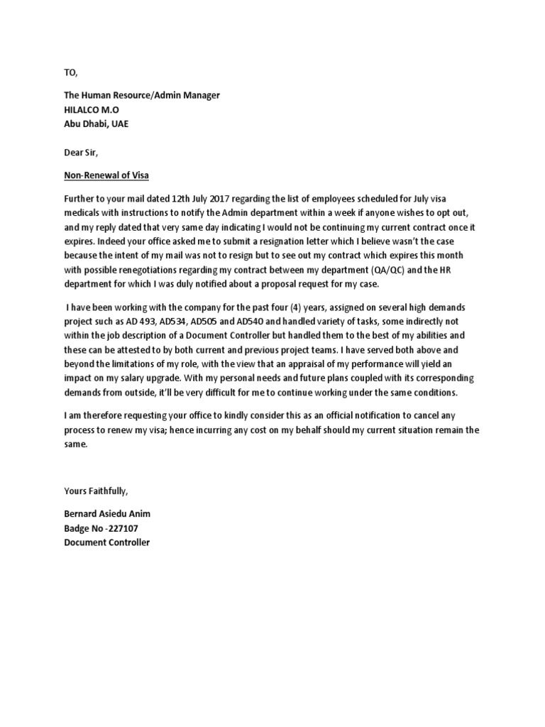 Non-Renewal Visa Letter | PDF