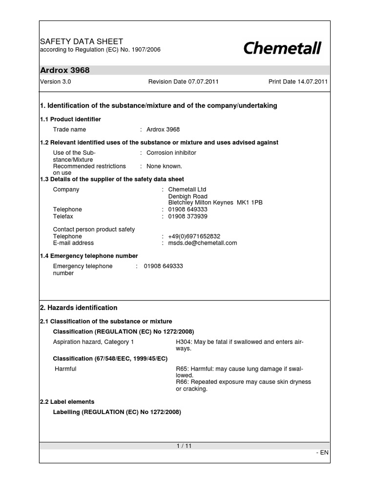 ARDROX-3968-MSDS.pdf | Dangerous Goods | Personal Protective Equipment