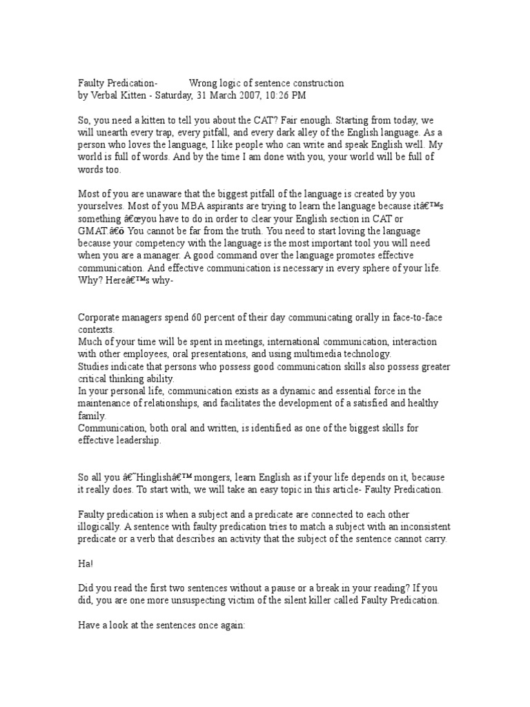 Faulty Predication - Wrong Logic of Sentence Constructionnnn | PDF ...