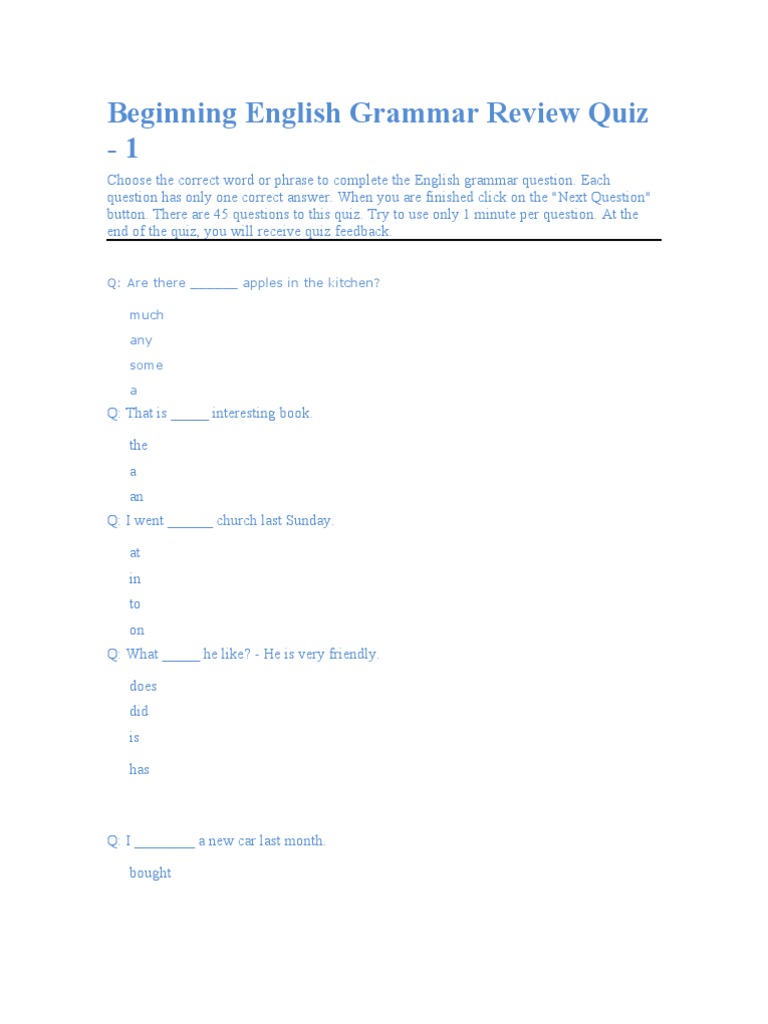 Beginning English Grammar Review Quiz | PDF | Language Arts ...