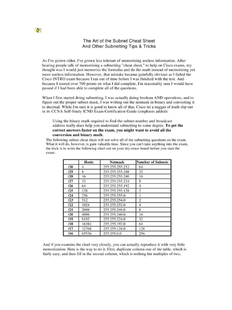 Subnet Cheat Sheet | PDF | Data Transmission | Internet Protocols