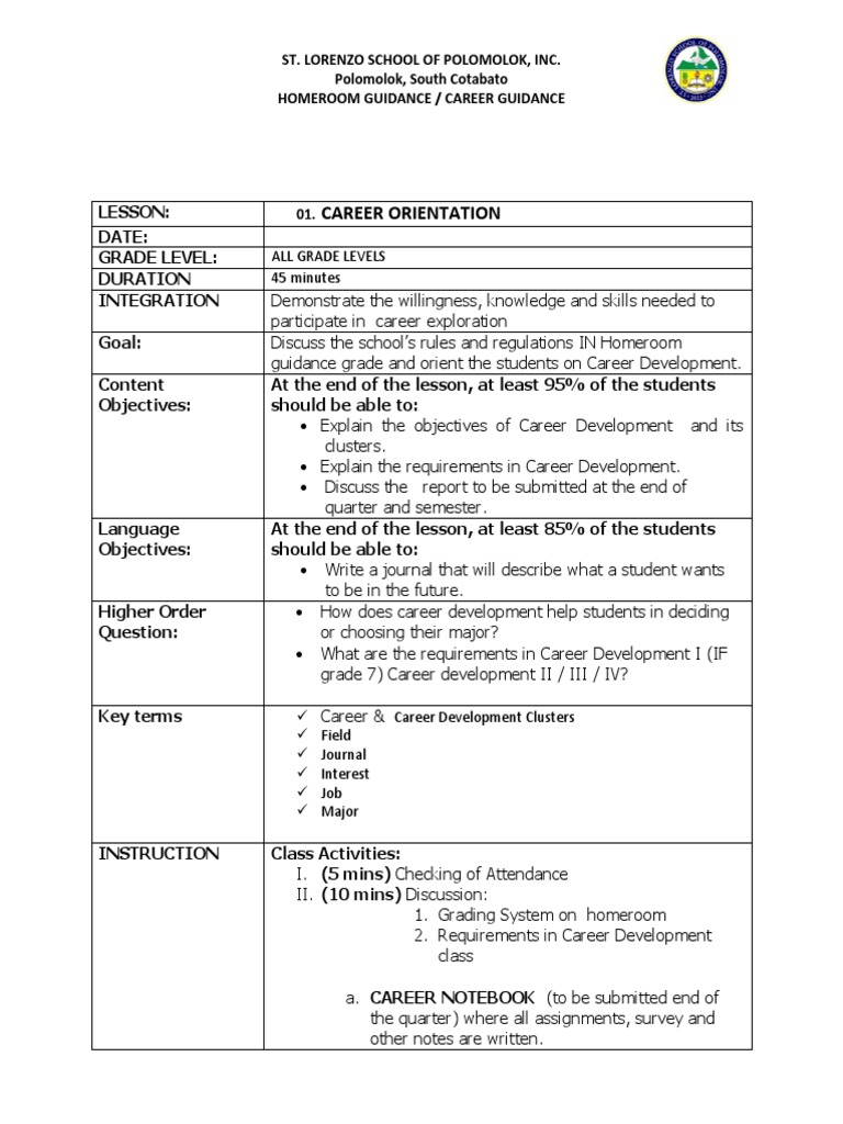 Career Orientation: All Grade Levels 45 Minutes | PDF | Homework ...