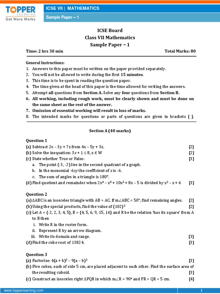 ICSE Board Class VII Mathematics Sample Paper - 1 | PDF | Elementary Geometry | Elementary ...