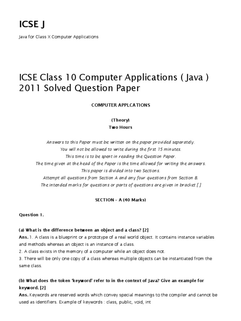 ICSE Class 10 Computer Applications (Java) 2011 Solved Question Paper ... ICSE Class 10 Computer Applications (Java) 2011 Solved Question Paper ...