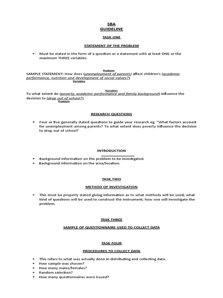 SBA Guideline: Task ONE Statem E NT OF THE Problem | PDF | Question ...