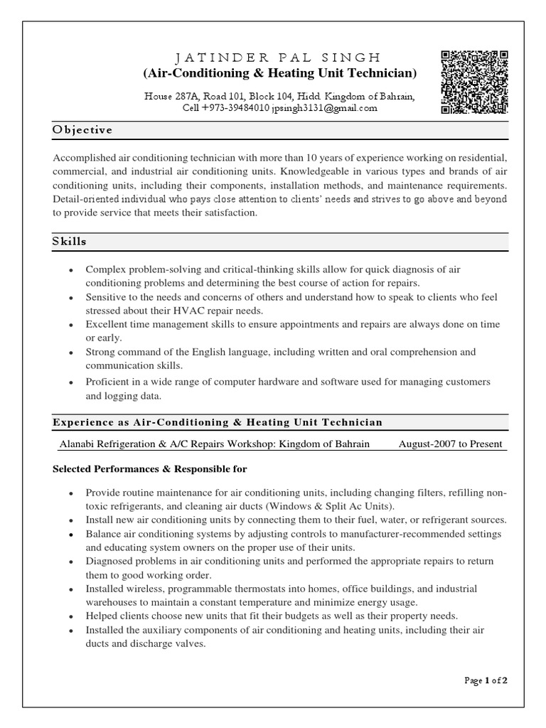 Resume (AC Technician) | PDF | Hvac | Electromechanical Engineering