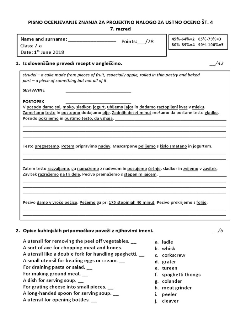 Pisno Ocenjevanje Znanja Za Projektno Nalogo Za Ustno Oceno Št. 4 7. Razred | PDF | Pancake ...