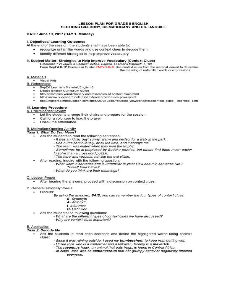 Grade 8 English lesson plan focuses on vocabulary and sentence types ...