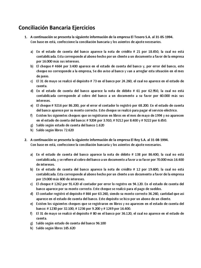 Conciliacion Bancaria Ejercicios | PDF | Cheque | Bancos