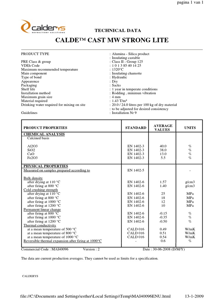 CaldeCast StrongLite TDS | PDF | Refractory | Density