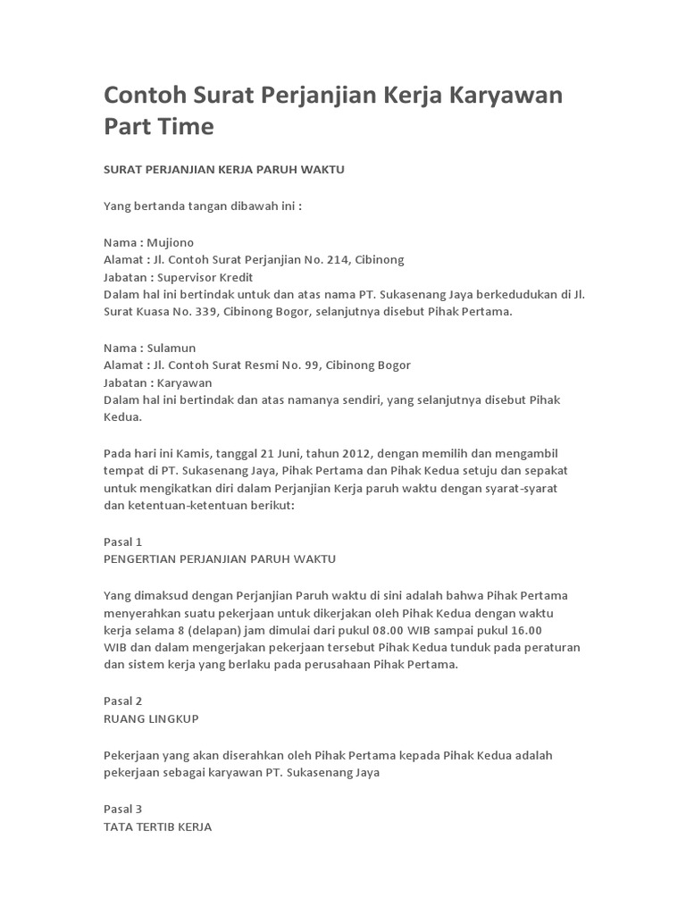 Contoh Surat Perjanjian Kerja Karyawan Part Time | PDF | Hukum