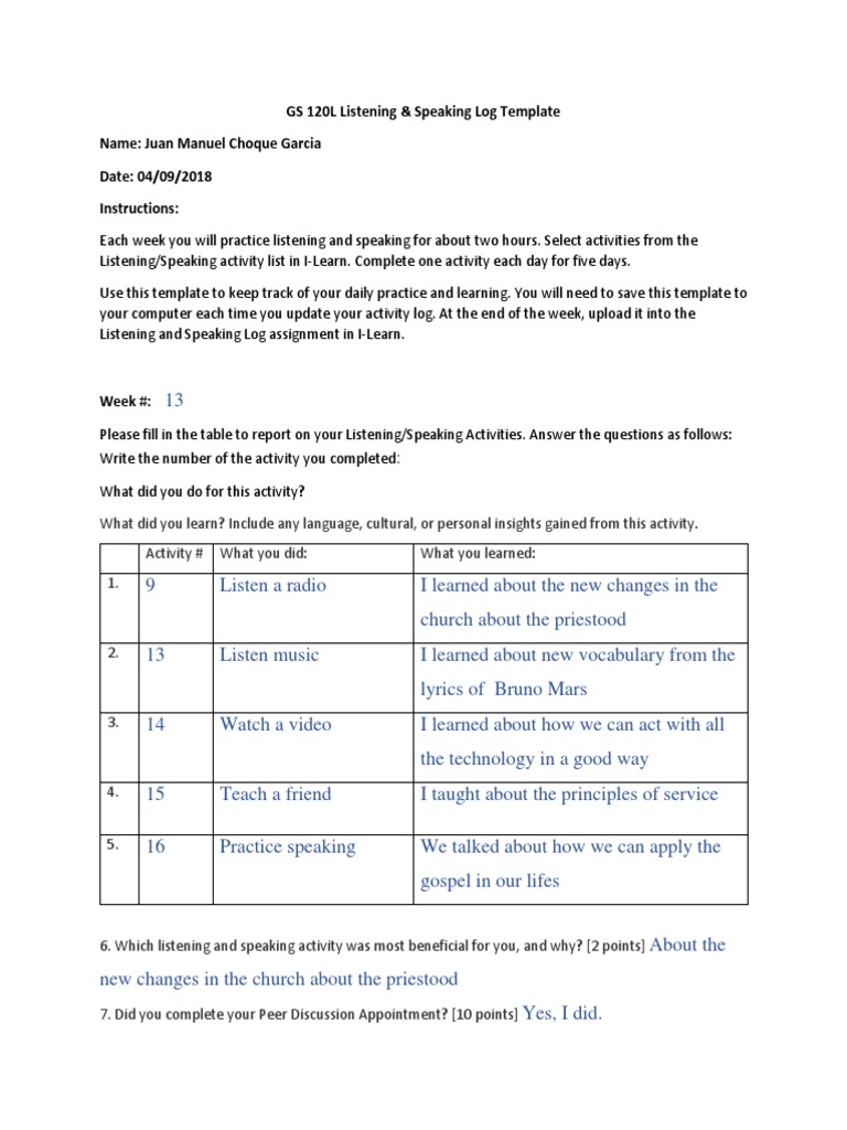 Juan Manuel Choque Garcia GS 120L Listening and Speaking Log Template ...